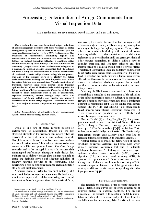 (PDF) Forecasting Deterioration of Bridge Components from Visual Inspection Data | David Law ...