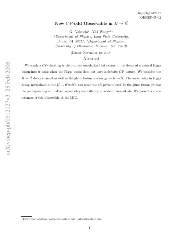(PDF) New CP-odd observable in H→tt¯