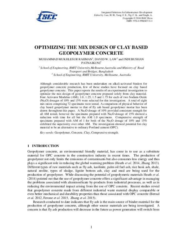 (PDF) Optimizing the MIX Design of Clay Based Geopolymer Concrete
