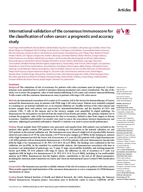 (PDF) International validation of the consensus Immunoscore for the ...