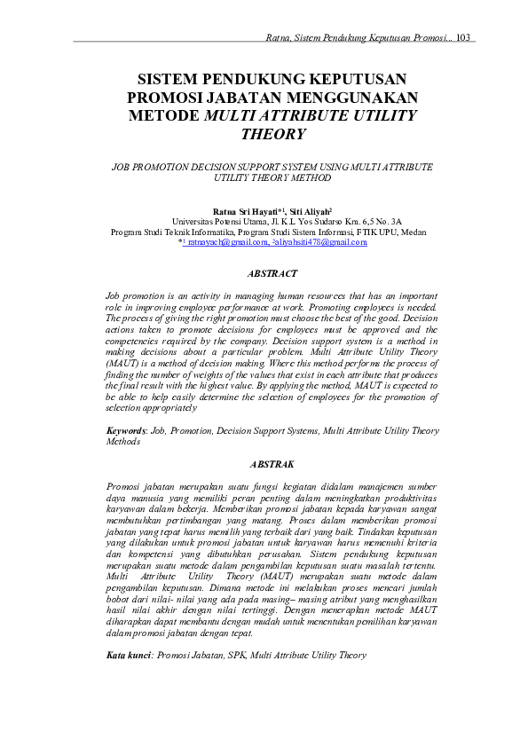 (PDF) Sistem Pendukung Keputusan Promosi Jabatan Menggunakan Metode Multi Attribute Utility ...