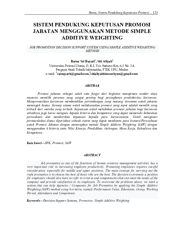 (PDF) Sistem Pendukung Keputusan Promosi Jabatan Menggunakan Metode Simple Additive Weighting