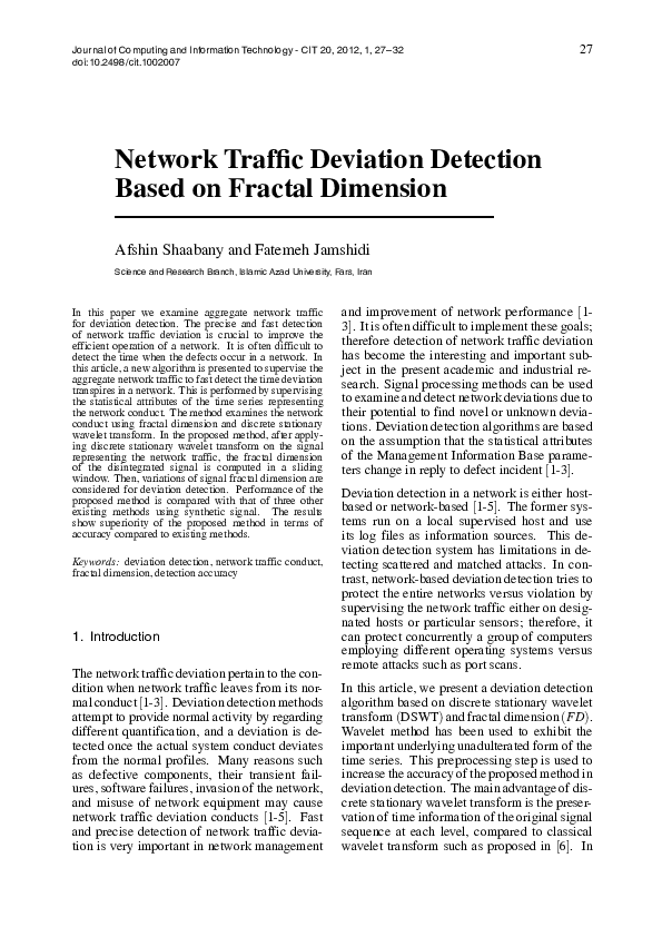 (PDF) Network Traffic Deviation Detection Based on Fractal Dimension | Fatemeh Jamshidi ...