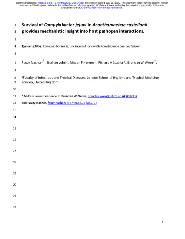 (PDF) Survival of Campylobacter jejuni in Acanthamoebae castellanii provides mechanistic insight ...