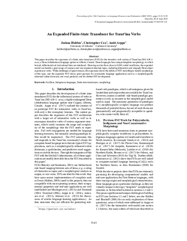 (PDF) An Expanded Finite-State Transducer for Tsuut'ina Verbs