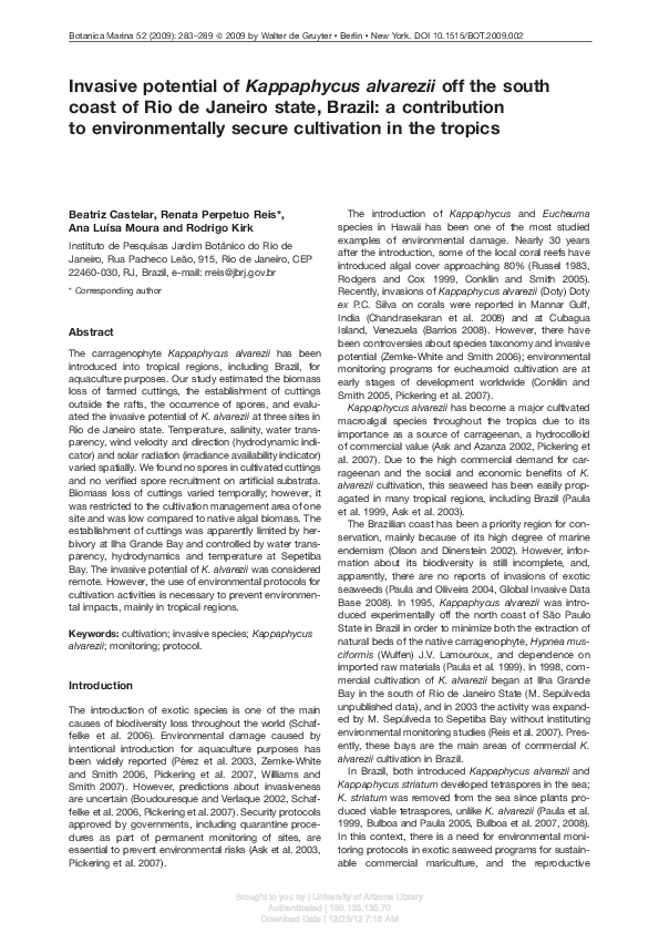 (PDF) Invasive potential of Kappaphycus alvarezii off the south coast ...