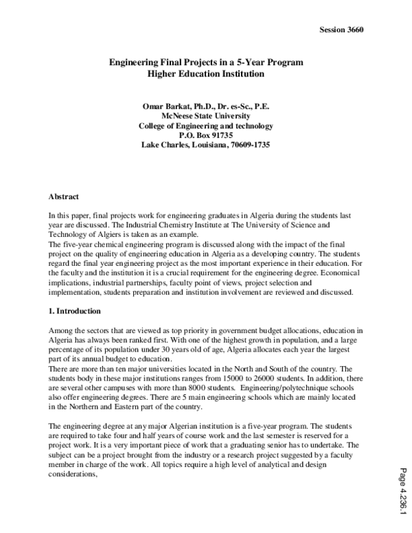 (PDF) Engineering Final Projects In A 5 Year Program Higher Education Institution