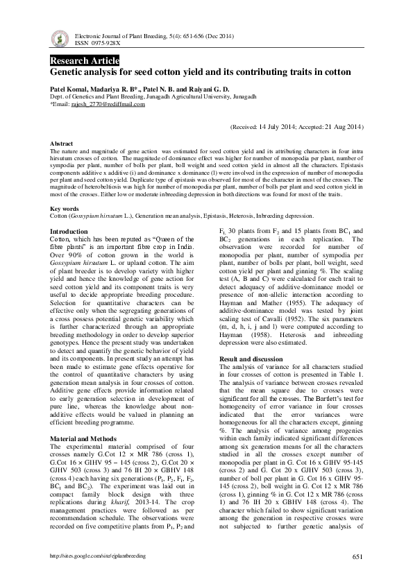 (PDF) Genetic analysis for seed cotton yield and its contributing ...