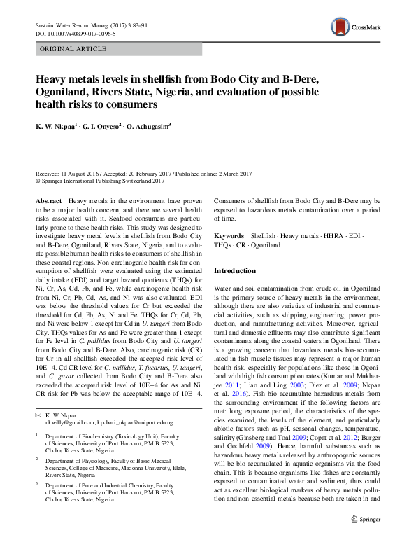 (PDF) Heavy metals levels in shellfish from Bodo City and B-Dere ...