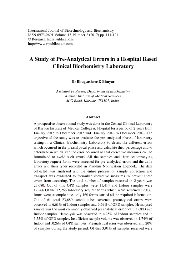 (PDF) A study of pre-analytical errors in a hospital based clinical ...