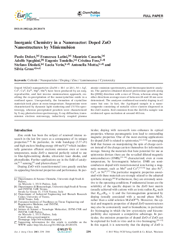 (PDF) Inorganic Chemistry in a Nanoreactor: Doped ZnO Nanostructures by ...