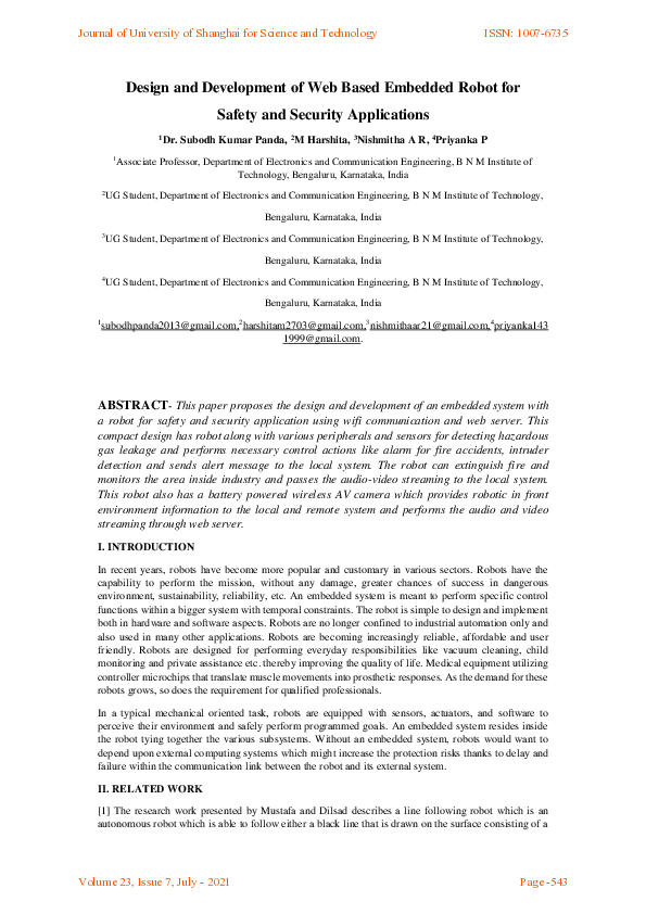 (PDF) Design and Development of Web Based Embedded Robot for Safety and Security Applications