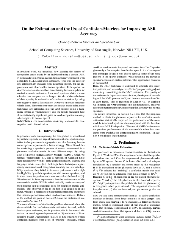 Pdf On The Estimation And The Use Of Confusion Matrices For Improving Asr Accuracy