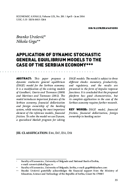(PDF) Application of dynamic stochastic general equilibrium models to the case of the Serbian ...