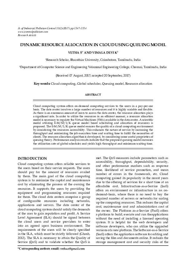 Pdf Dynamic Resource Allocation In Cloud Using Queuing Model