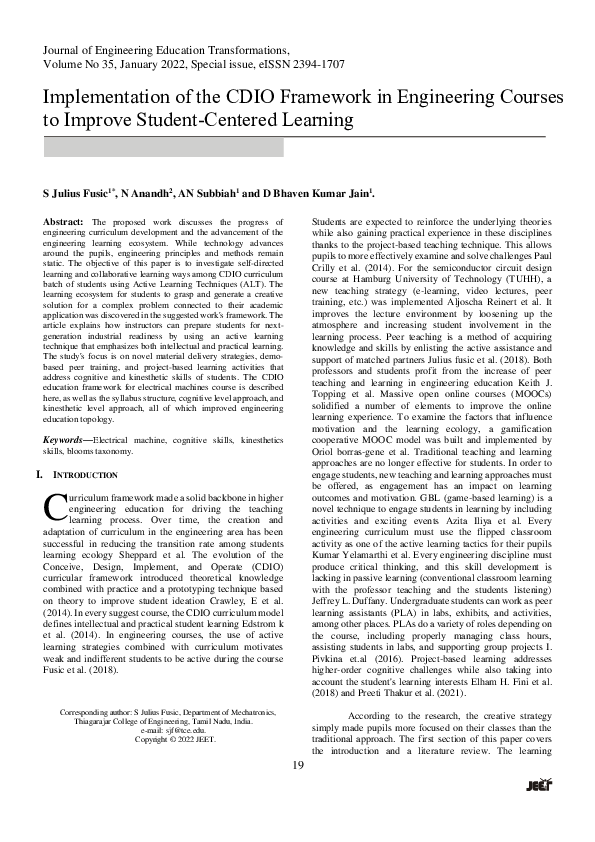 (PDF) Implementation of the CDIO Framework in Engineering Courses to Improve Student-Centered ...