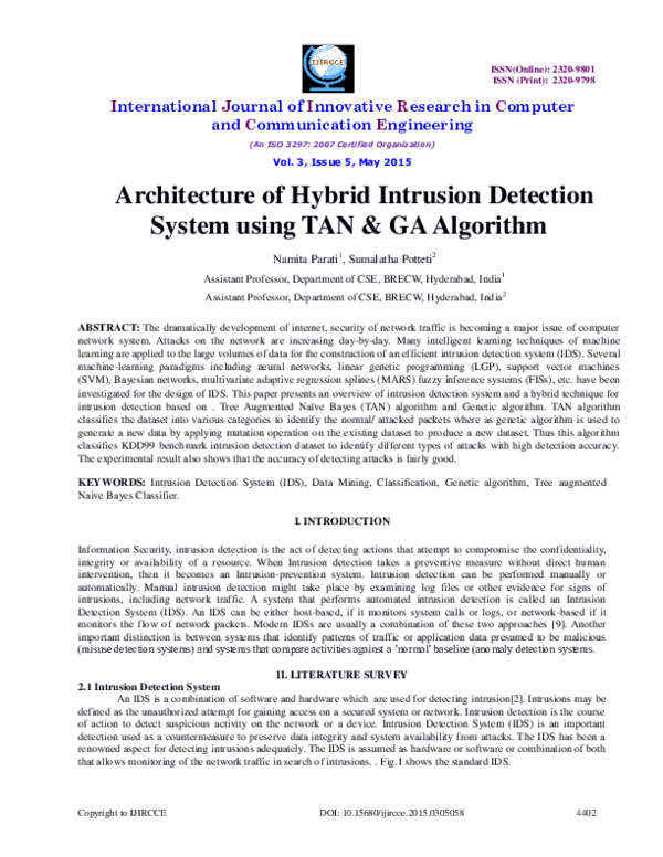 Pdf Architecture Of Hybrid Intrusion Detection System Using Tan And Ga Algorithm