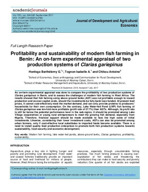 (PDF) Profitability and sustainability of modern fish farming in Benin ...