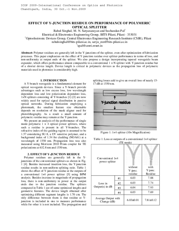 (PDF) Effect of Y-Junction Residue on Performance of Polymeric Optical Splitter