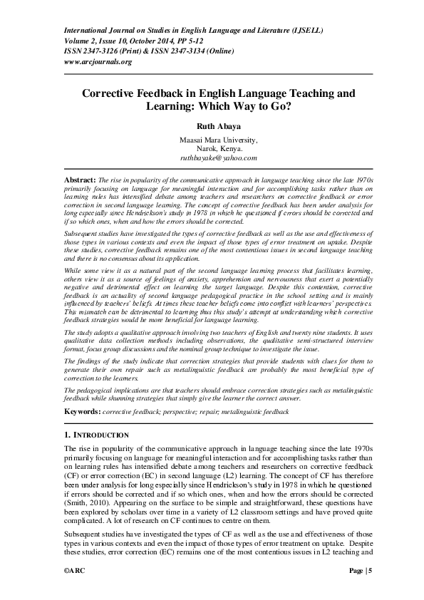 (PDF) Corrective Feedback in English Language Teaching and Learning : Which Way to Go