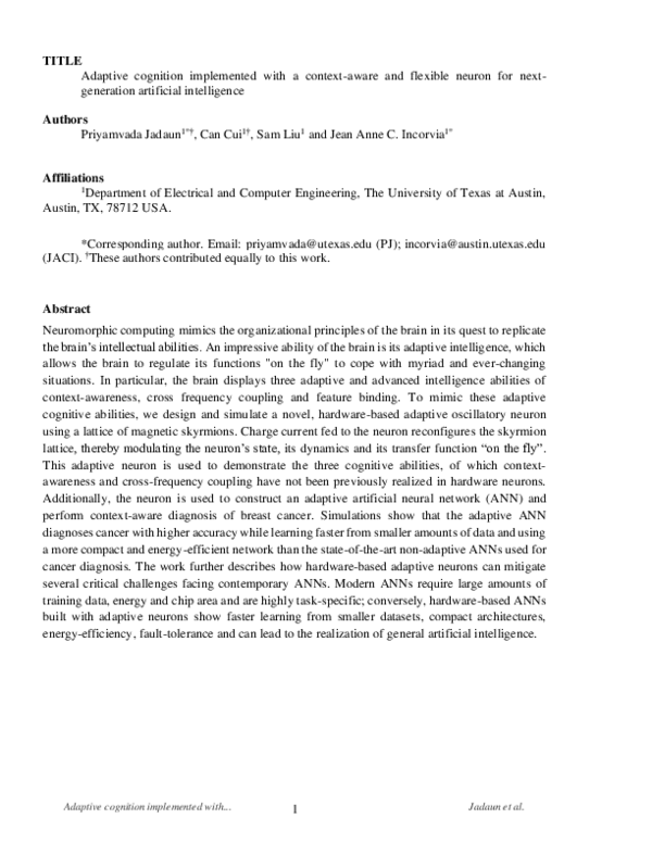 Pdf Design Of A Self Adaptive Neuron With Advanced Cognitive Abilities Utilizing A