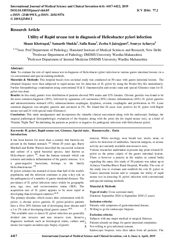 (PDF) Utility of Rapid urease test in diagnosis of Helicobacter pylori ...
