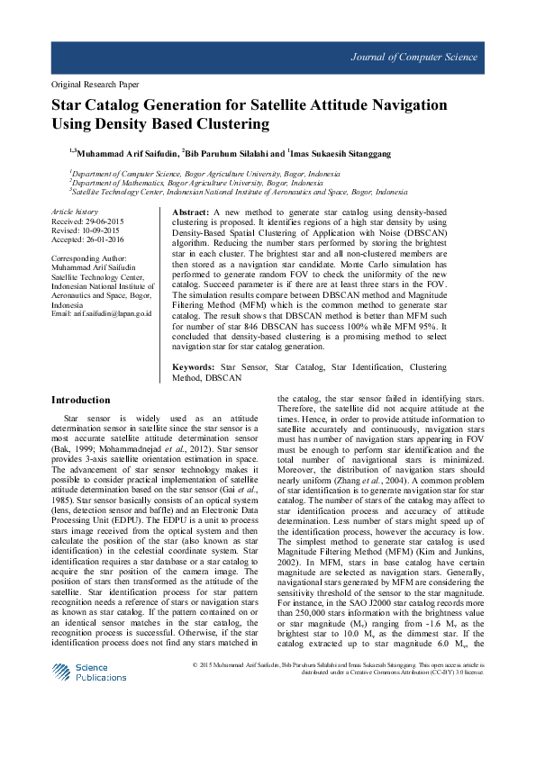 (PDF) Star Catalog Generation for Satellite Attitude Navigation Using Density Based Clustering