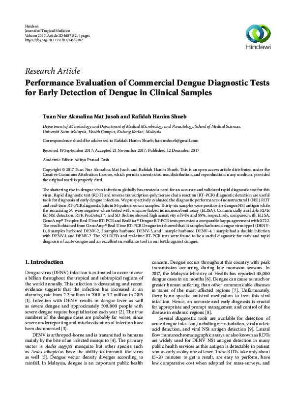 Pdf Performance Evaluation Of Commercial Dengue Diagnostic Tests For