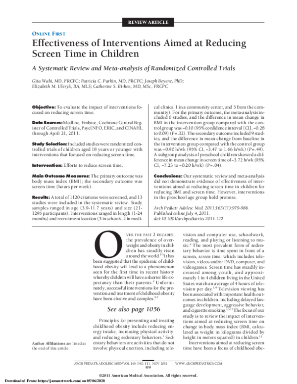 Effectiveness of Interventions Aimed at Reducing Screen Time in Children