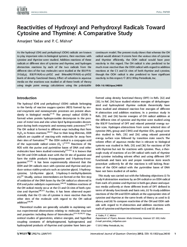 (PDF) Reactivities of hydroxyl and perhydroxyl radicals toward cytosine ...