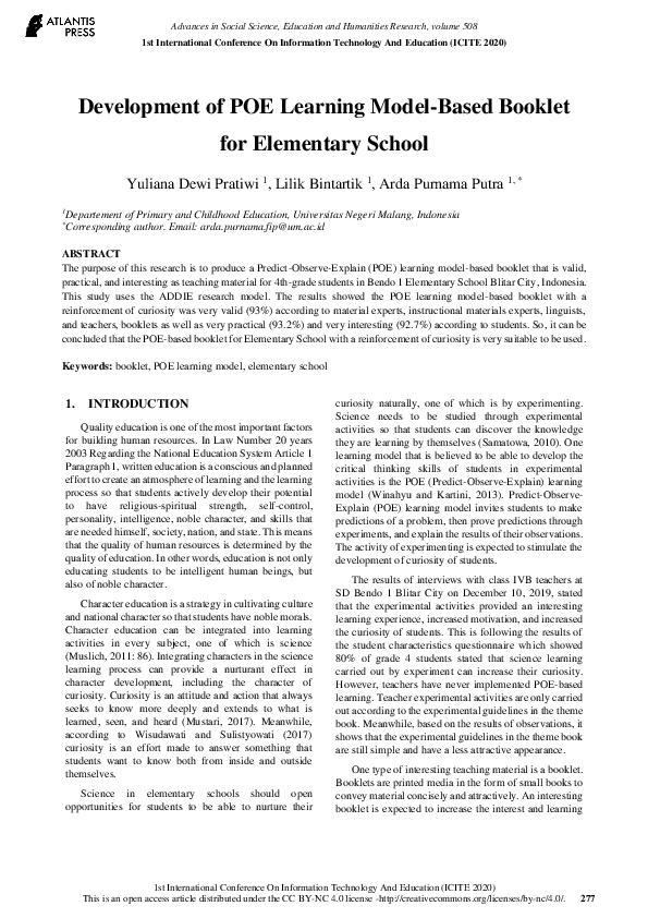 (PDF) Development of POE Learning Model-Based Booklet for Elementary School