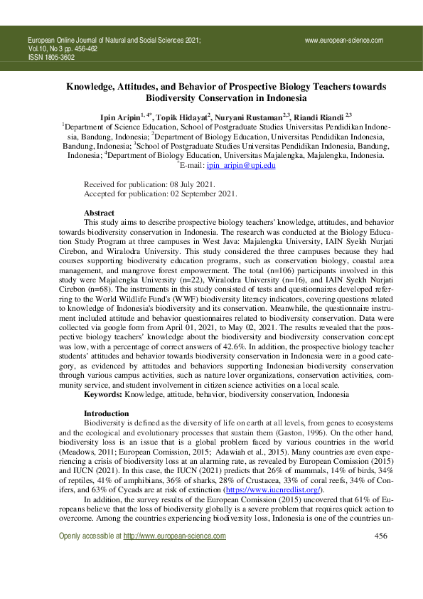 (PDF) Knowledge, Attitudes, and Behavior of Prospective Biology Teachers towards Biodiversity ...