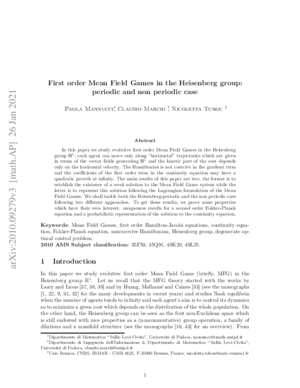 (PDF) First order Mean Field Games in the Heisenberg group: periodic and non periodic case