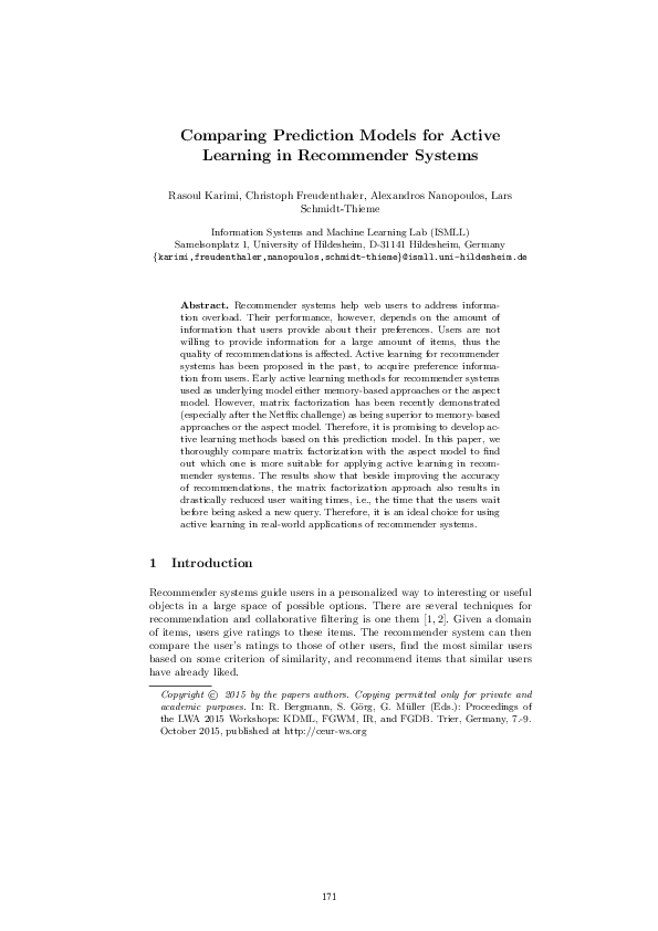 Pdf Comparing Prediction Models For Active Learning In Recommender Systems