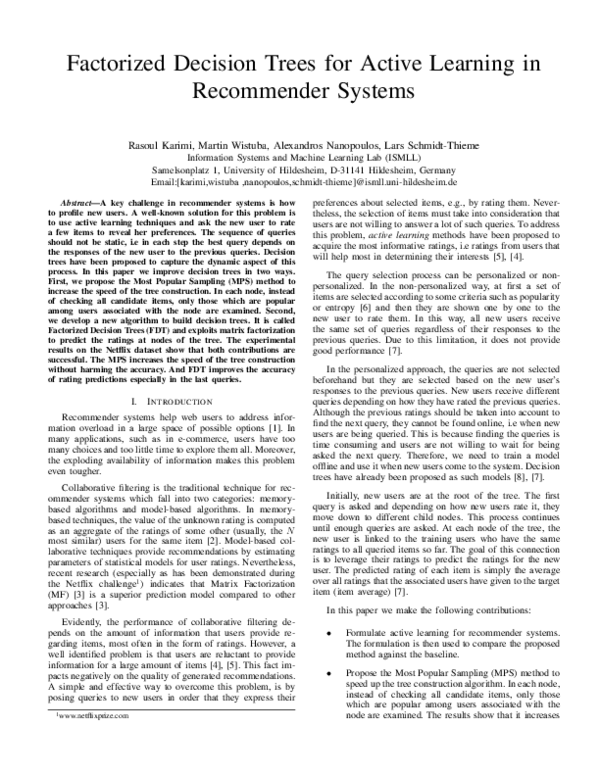 Pdf Factorized Decision Trees For Active Learning In Recommender Systems Alexandros