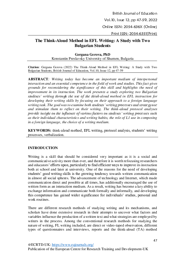 (PDF) The Think-Aloud Method in EFL Writing: A Study with Two Bulgarian Students