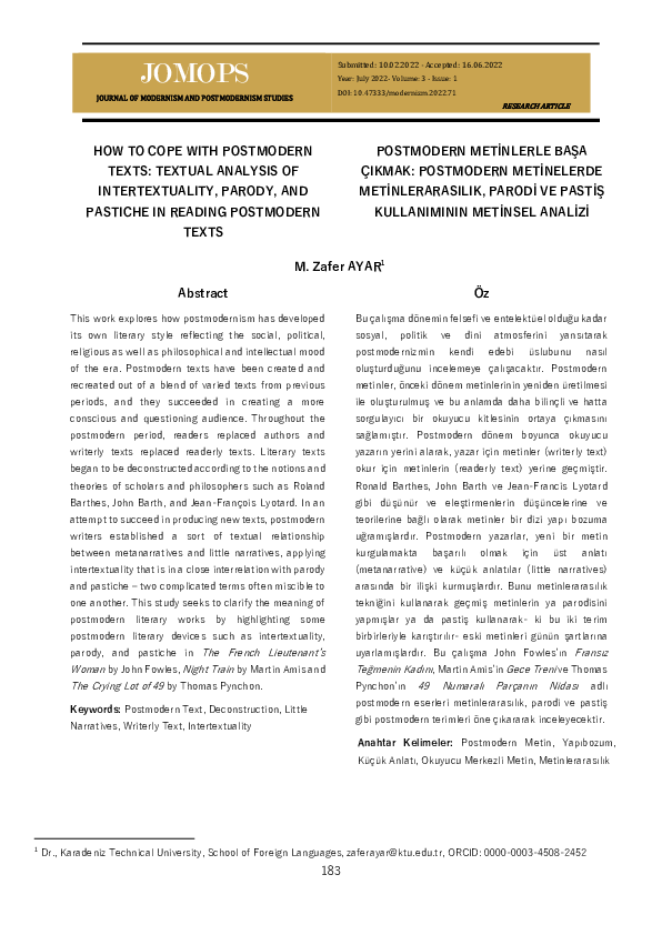 (PDF) How to Cope with Postmodern Texts: Textual Analysis of ...