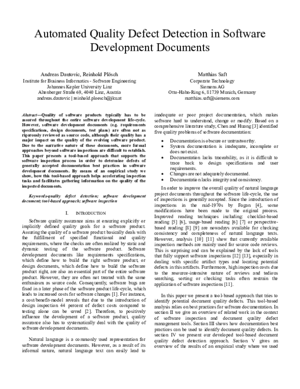 Pdf Automated Quality Defect Detection In Software Development Documents