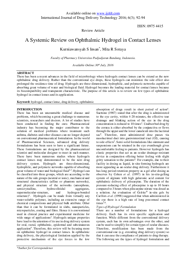 (PDF) A Systemic Review on Ophthalmic Hydrogel in Contact Lenses