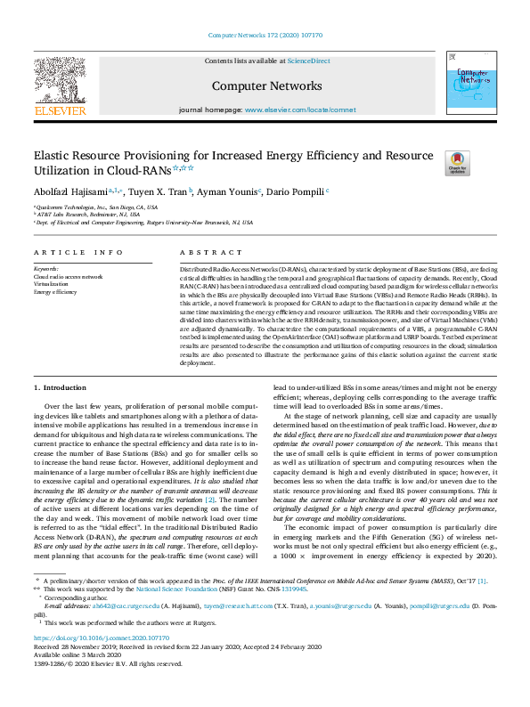 (PDF) Elastic Resource Management in Cloud RANs