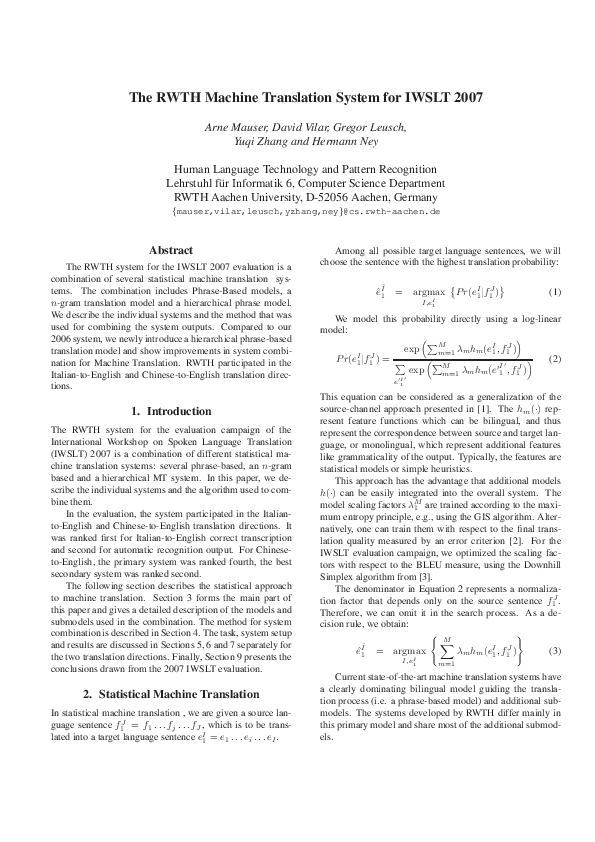 (PDF) The RWTH machine translation system for IWSLT 2007