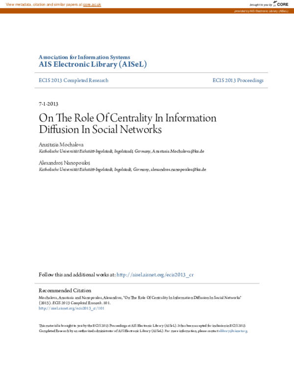 (PDF) On The Role Of Centrality In Information Diffusion In Social Networks