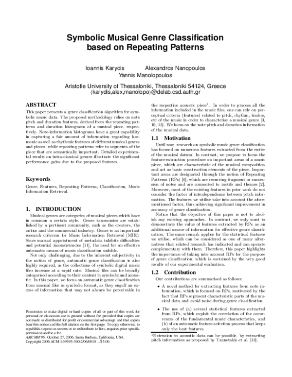 (PDF) Symbolic musical genre classification based on repeating patterns