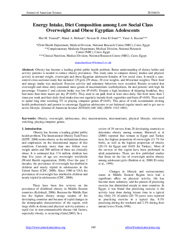 (PDF) Energy Intake, Diet Composition among Low Social Class Overweight ...