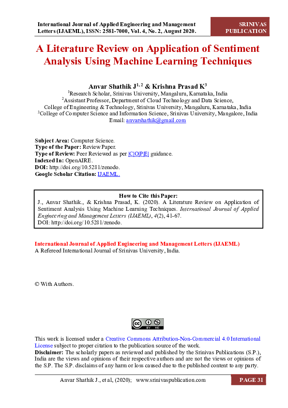 (PDF) A Literature Review on Application of Sentiment Analysis Using Machine Learning Techniques