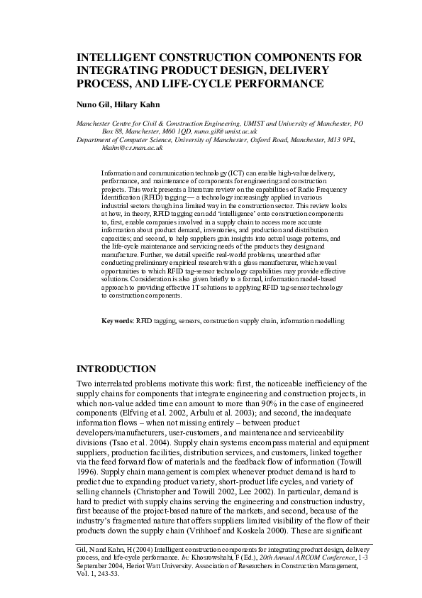 (PDF) Intelligent Construction Components for Integrating Product Design, Delivery Process, and ...