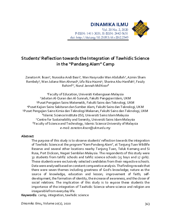 (PDF) Students’ Reflection towards the Integration of Tawhidic Science in the “Pandang Alam” Camp