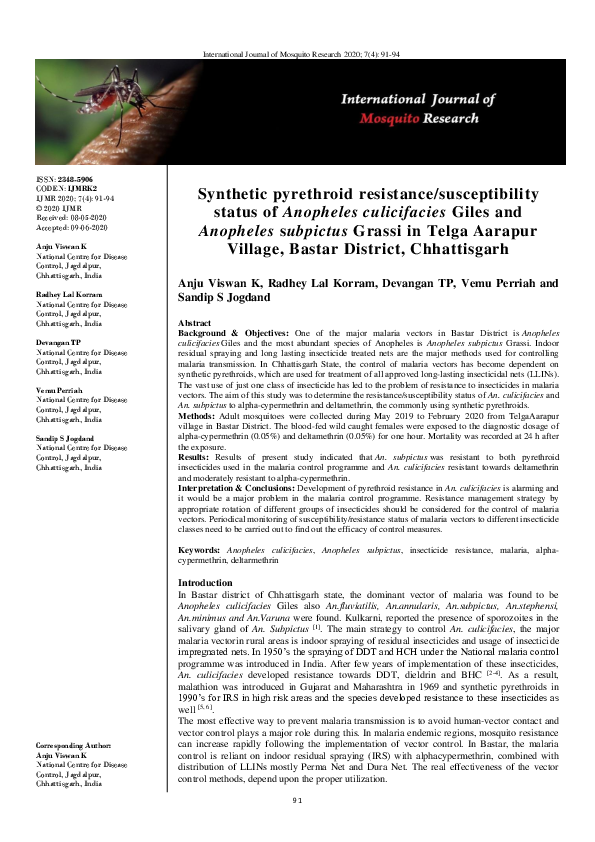 (PDF) Synthetic pyrethroid resistance/susceptibility status of Anopheles culicifacies Giles and ...