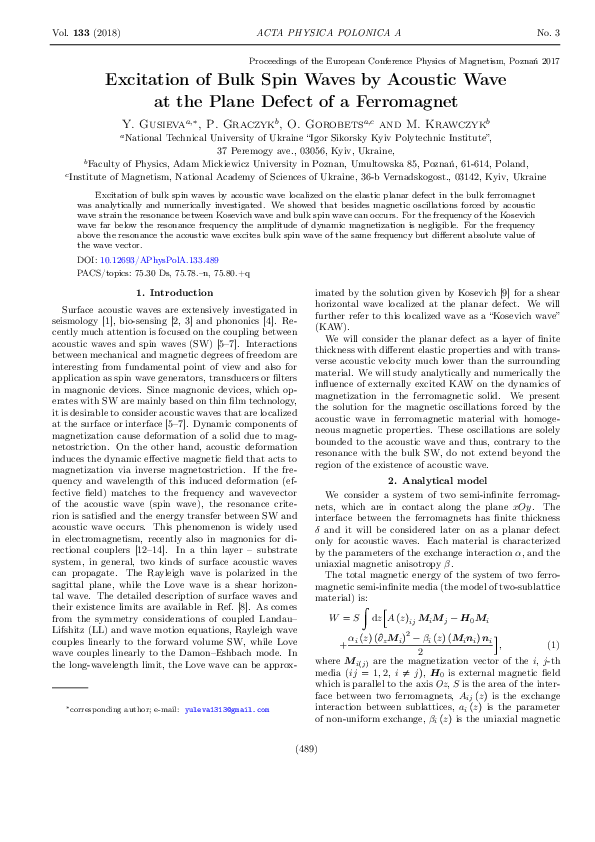 (PDF) Excitation of Bulk Spin Waves by Acoustic Wave at the Plane ...