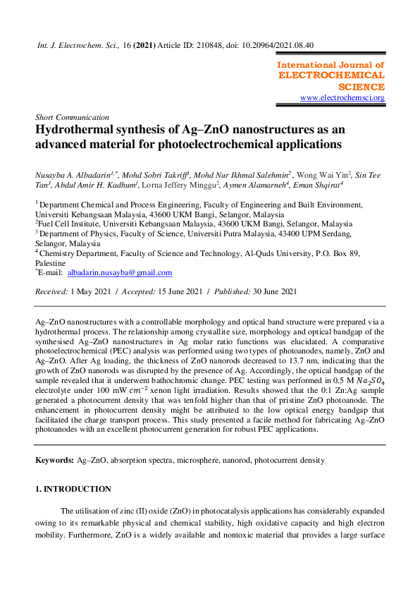 (PDF) Hydrothermal synthesis of Ag–ZnO nanostructures as an advanced material for ...